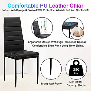 Binrrio 5 Piece Dining Table Set, Modern Furniture Rectangle Tempered Glass Top Table with 4 Piece High Backrest Faux Leather Chairs for Kitchen Dining Room Living Room, Black