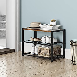 Yusong Shoe Rack, 3 Tier Shoe Organizer Storage for Closet Entryway, Narrow Slim Metal Shoe Shelves with Industrial Wooden Top, Rustic Brown and Black