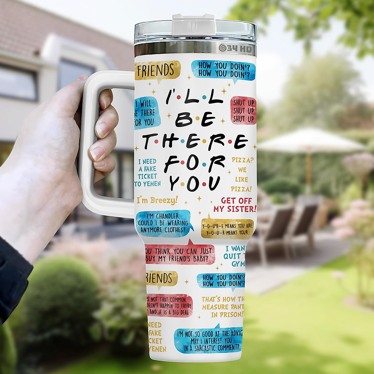 34HD Friends TV Show 20oz Travel Tumbler with Handle – I'll Be There for You Quote Cup – Insulated Stainless Steel Mug for Coffee or Cold Drinks – Funny Gift for Friends Fans, Women, TV Lovers
