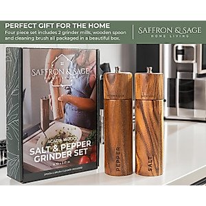 Saffron & Sage Premium Acacia Wood Salt and Pepper Grinder Set of 2-8” Tall Salt and Peppercorn Mill with Adjustable Coarse Settings, Rust Resistant, Smooth and Quality Grinding Mechanism