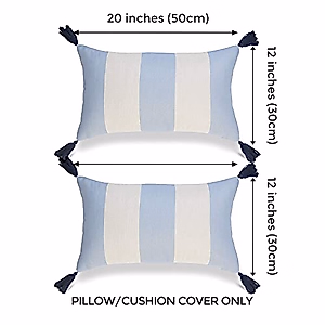 Hofdeco Beach Coastal Indoor Outdoor Pillow Cover ONLY, Water Resistant for Patio Lounge Sofa, Sky Blue Stripes Tassels, 12"x20", Set of 2