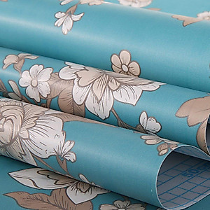 Blue Floral Decorative Adhesive Paper Shelf Liner Peel and Stick Wallpaper for Kitchen Cabinets Drawers Countertops 17.7inch by 100inch (Blue)