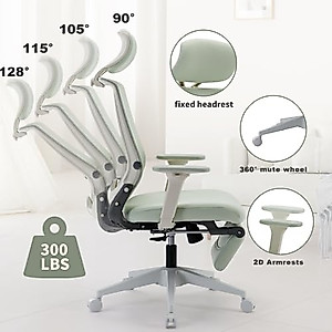 Ergonomic Mesh High Back Desk Chair, Adjustable Headrest Office Chair with 5d armrest and Foot Rest, tilt Function max 128° Computer Desk Swivel Chair with Wheels (Green)