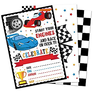 WERNNSAI 20 Count Racing Car Party Invitation with Envelopes - Race Car Party Supplies for Boys Birthday Baby Shower Graduation Fill-in Style Racing Invite Cards