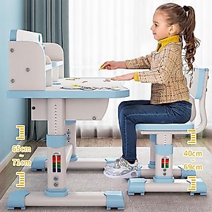 Hesitroad Kids Study Desk and Chair Set,Adjustable Children's Desk and Chair Height Children School Study Table with Cartoon Pattern,Desk Chair with Large Writing Board, Bookshelf and Book Bucket Blue