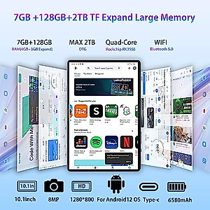 OSCAL Tablet 10.1 Inch 7GB RAM 128GB ROM (2TB TF), 2023 Latest PAD70 Android 12 Tablet with 13MP Dual Camera, WiFi, BT5.0, 1280x800 IPS HD Touch Screen,6580mAh GPS Tablets (Grey)