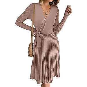 ANRABESS Long Sleeve Sweater Dress 2023 Fall Wrap Pleated V Neck Work Office A Line Tie Waist Soild Color Belted Ribbed Knit Bodycon Midi Sweater Dress 937doukou-XL