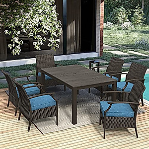 Grand patio 7 Pieces Outdoor Dinning Sets, All-Weather Wicker Patio Furniture Set for 6, Including Chairs and Rectangle Table with Umbrella Hole for Backyard, Garden, Outside, Deck,(Peacock Blue)