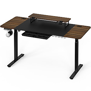 SHW 62-Inch Extra Large Electric Height Adjustable Standing Desk with Monitor Riser and Drawer, 62 x 28 Inches, Walnut