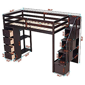 Merax Twin Size Loft Bed, Loft Bed Frame with Storage Drawers and Stairs, Wooden Loft Bed with Shelves, Espresso