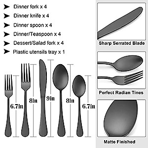 20-Piece Black Silverware Set with Tray, E-far Stainless Steel Flatware Cutlery Set Service for 4, Eating Utensils Tableware with Plastic Organizer for Home Kitchen, Matte Finished & Dishwasher safe
