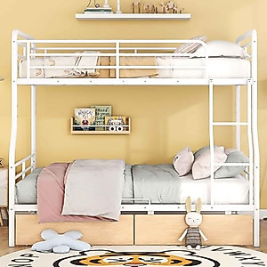 ATY Metal Bunk Bed Full XL Over Queen Size with 2 Drawers, Convertible Sturdy Bedframe w/Ladder and Guardrail, Can Seperated into 2Beds,No Box Spring Needed, for Kids, Teens, Adults, White