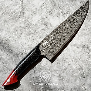 Dalstrong Chef Knife - 9.5 inch - Scorpion Series - Exclusive Japanese V12 Ultra Steel - Black Damascus - Black & Red Honeycomb Resin Handle - Rock-chops, Slicing, Skinning Gift Knife-Leather Sheath