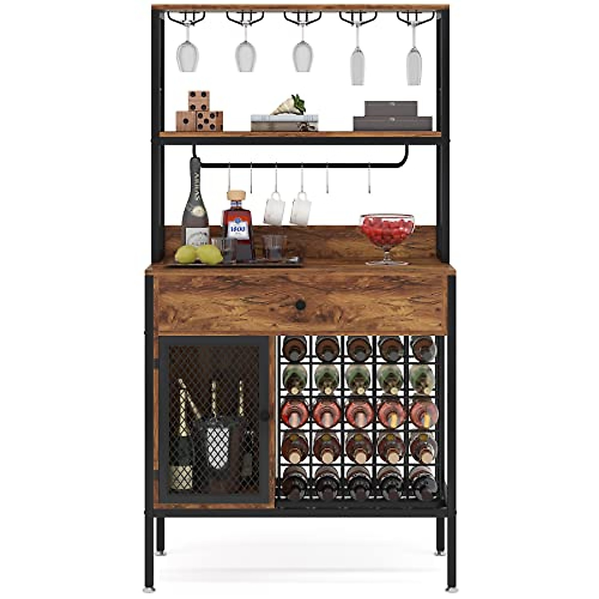 Tribesigns Wine Bar Cabinet with Storage Drawer, 64 Inches Tall 32-Bottles Large Capacity Freestanding Wine Rack Bar Cabinet with 6 Hooks for Home Bar, Kitchen, Wine Cellar, Rustic Brown
