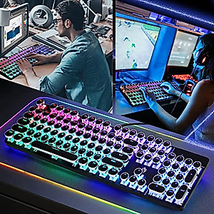 YSCP Typewriter Style Mechanical Gaming Keyboard RGB Backlit Wired with Blue Switch Retro Round Keycap 104 Keys Keyboard (Writertype Keyboard-104keys Black)