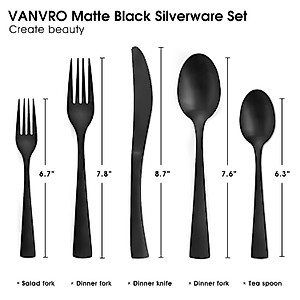 VANVRO Matte Black Silverware Set, 40-Piece Stainless Steel Flatware Set, Satin Finish tableware Cutlery Set Service for 8, Include Knives/Forks/Spoons, Dishwasher Safe