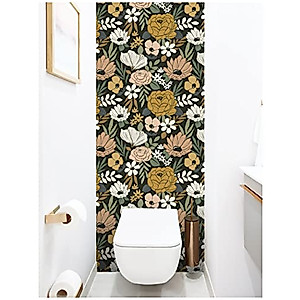 HAOKHOME 93217 Vintage Large Floral Peel and Stick Wallpaper Removable Daisy Leaf Black/Sand/Oliva Vinyl Self Adhesive Mural 17.7in x 6.6ft