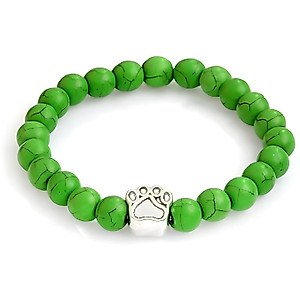 Natural Stone Paw Charm Bracelet (Dark Green) Lava Rock Mala Beads Elastic Bracelet Yoga Meditation Healing, Dog Puppy Cat Animal Paw Bracelet…