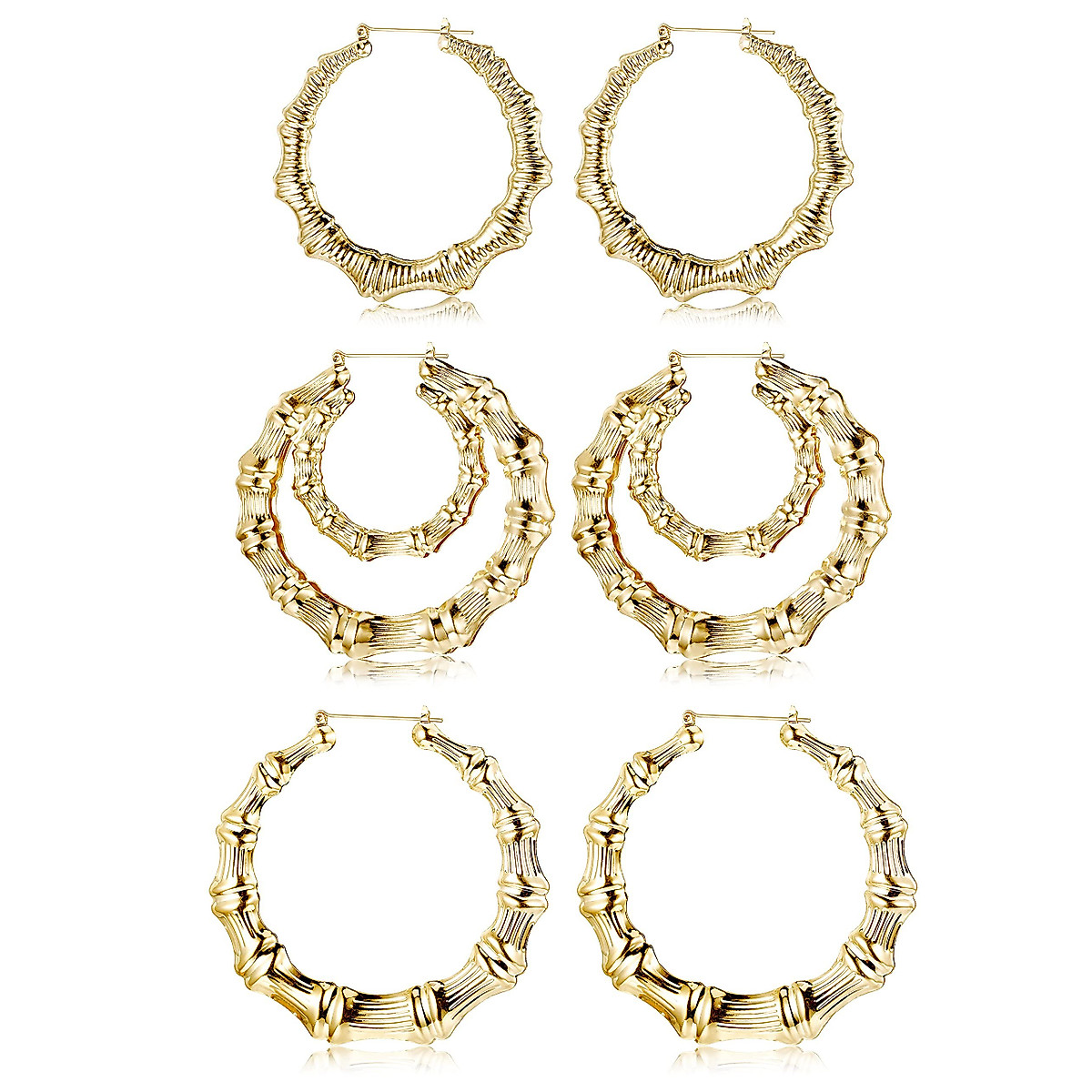Hanpabum 3 Pairs Bamboo Earrings Large Hoop Earrings Set Gold Tone Round Statement Hip-Hop Earrings For Women (A)