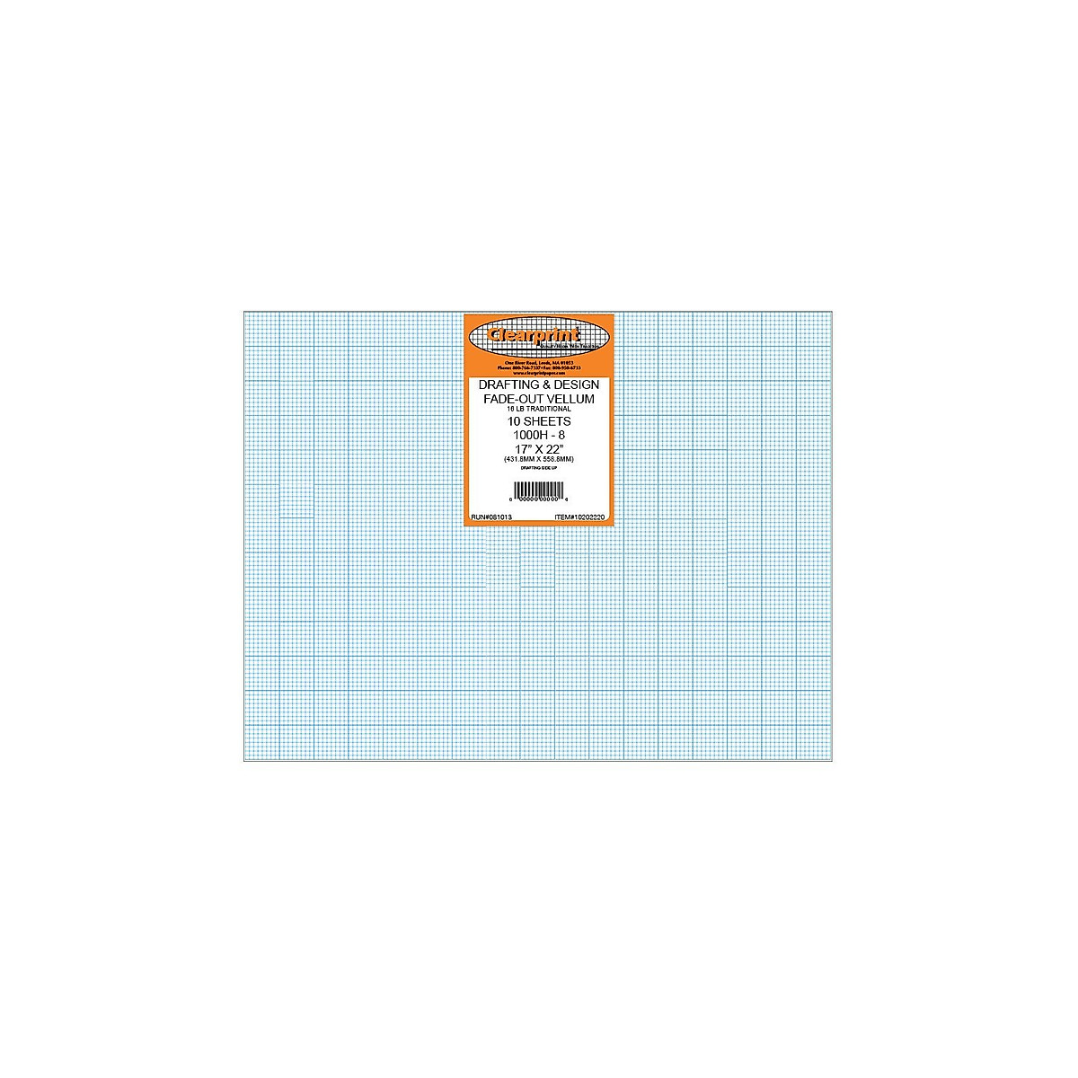 Clearprint 17" x 22" 1000H Design Vellum Sheets with Printed Fade-Out 8x8 Grid, 16 lb., 100% Cotton, 10 Sheets Per Pack, 1 Each
