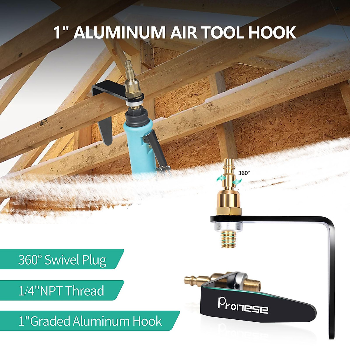 Pronese Aluminum Pneumatic Tool Rafter Hook Hanger, Lightweight Metal Organaizer Hooks with 1/4" Air Tool Swivel Fitting,for Air Nailer,Air Blow Gun,Air Hammer,Air Deburring Tool etc