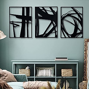 Creoate Abstract Metal Wall Art for Living Room Decor, Black Modern Minimalist Line Art Wall Sculpture Decor Modern Metal Bedroom Bathroom Decor, 11x16 Inch x3 Panels
