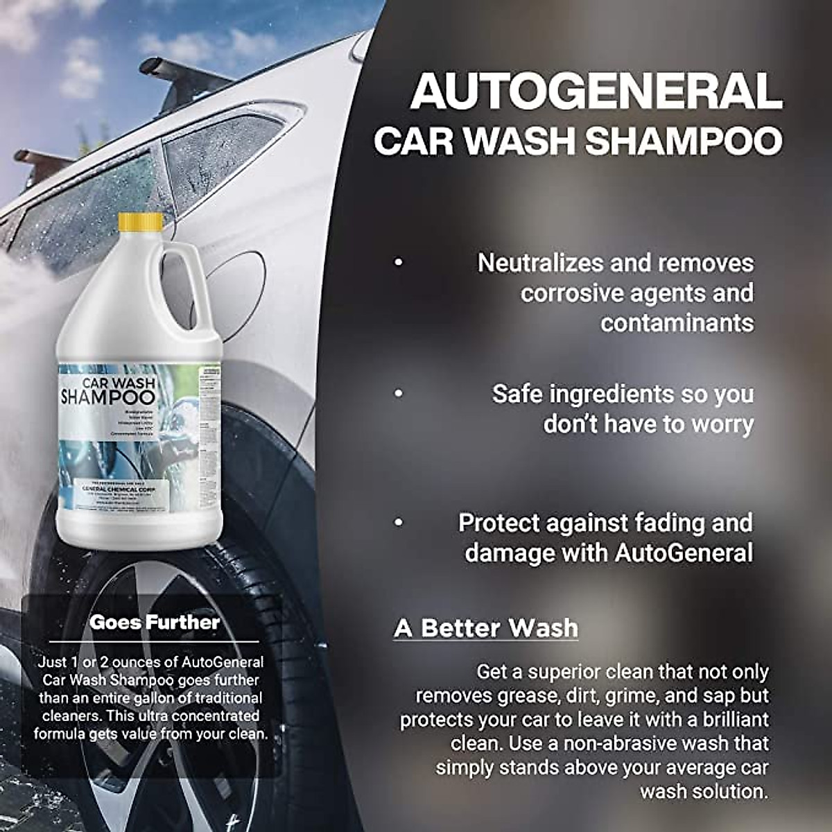 AutoGeneral Car Wash Shampoo - Concentrated Automotive Shampoo for Efficient Deep Clean & Shine of Car Exterior - Pre-Wax Wash For Auto Detailing - Foaming Soap - pH Balanced & Low VOC - 55 Gallon