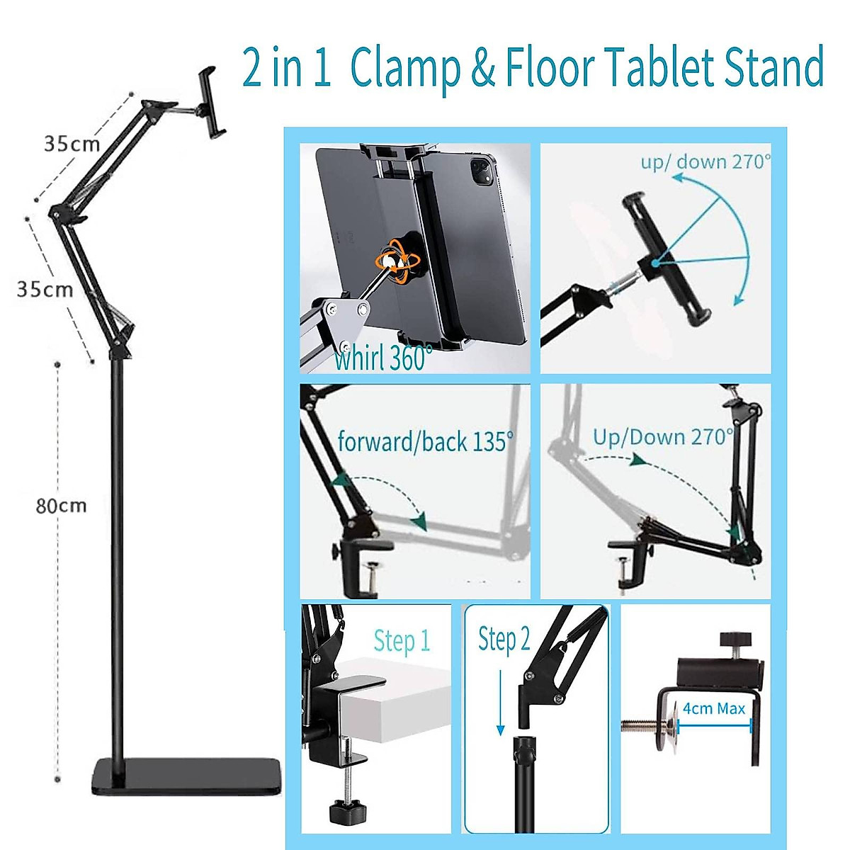 iPad Tablet Holder for Bed - Arm Height Adjustable Tablet Floor Stand Metal 360° Rotating iPad Clamp Mount for iPad Pro, iPad Air, iPad Mini, Kindle Reading and Other 4.7~12.9'' Phones and Tablets