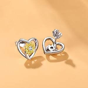 SNZM Stud Earrings for Women, S925 Sterling Silver Sunflower Earrings for Women, Dainty Heart Stud Earrings Ear Wrap Jewelry for Valentine's Day/Birthday Gift