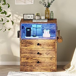 LIKIMIO Nightstand with Charging Station and 3 Drawers, LED Lights End Side Table with interchangeable sockets and Hooks, Vintage Brown