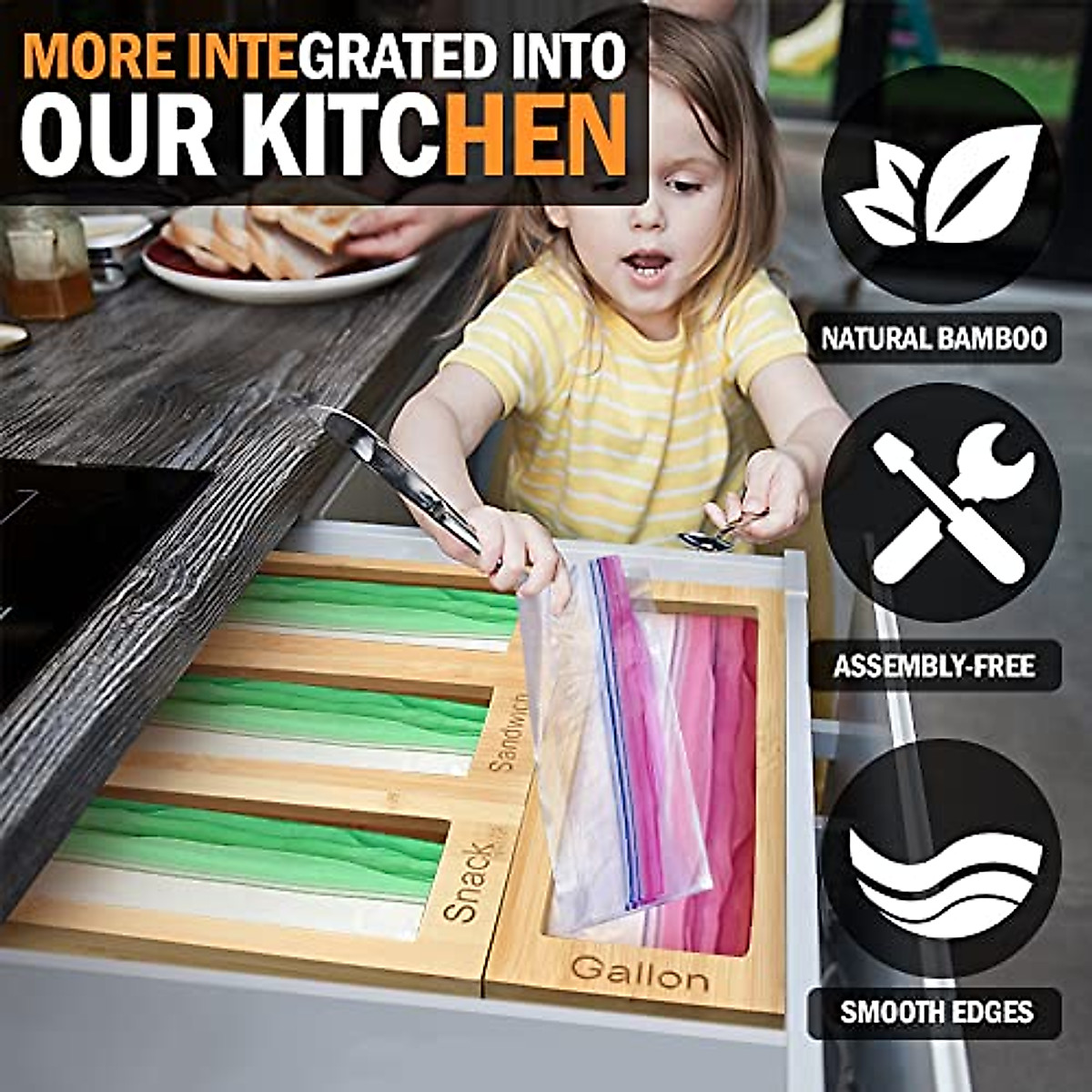 Ziplock Bag Organizer, Bamboo Ziplock Bag Organizer for Drawer, Kitchen Food Storage Bag Organizer Suitable for Gallon, Quart, Sandwich, Snack Bag, Sandwich Bag Dispenser Holders