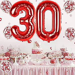Red 30 Balloon Number, Number 30 Balloons, 40 Inch Red 30th Birthday Balloons with Confetti Balloon, 30th Birthday Decorations for Boy Girls, 30 Year Old Balloon for Birthday Party Anniversary