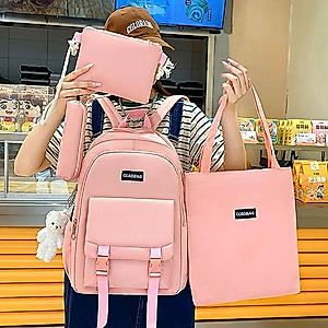BULBASAUR Korean Backpack 5Pcs Set Daypack Backpack Large Capacity Backpack Simplicity Bookbag(Pink)
