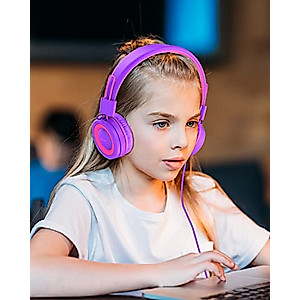 Kids Headphones, Eposy E10 Wired Headphones for Kids Foldable Stereo Bass Headphones with Adjustable Headband, Tangle-Free 3.5 mm Jack for School, On-Ear Headset for Boys Girls Cellphones(Pink/Purple)