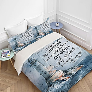 Christian Bedding Set Nautical Lighthouse Duvet Cover Twin Full Queen King Size Comforter Cover for Kids Adults Men Women Ocean Theme Quilt Cover Decorative Soft Bedding Set with 2 Pillowcases