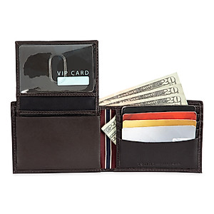 Tommy Hilfiger Men's Leather Wallet - Thin Sleek Casual Bifold with 6 Credit Card Pockets and Removable ID Window, British Brown