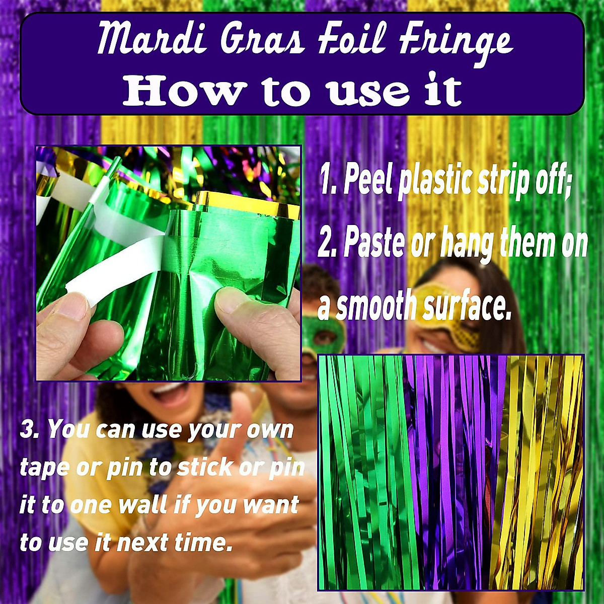8 Pack Mardi Gras Tinsel Foil Fringe Curtain Backdrop, 3.28Ft x 8.2Ft Gold Green Purple Metallic Streamers for Photo Booth Birthday Wedding Bridal Shower Bachelorette Party Valentine's Day Decoration
