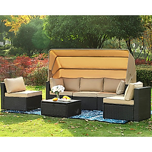 Grepatio 6 Pieces Patio Furniture Set Outdoor Daybed with Canopy Rattan Wicker Sectional Sofa Set with Adjustable Backrest Patio Day Bed Conversation Set with Cushions and Storage Table (Khaki)