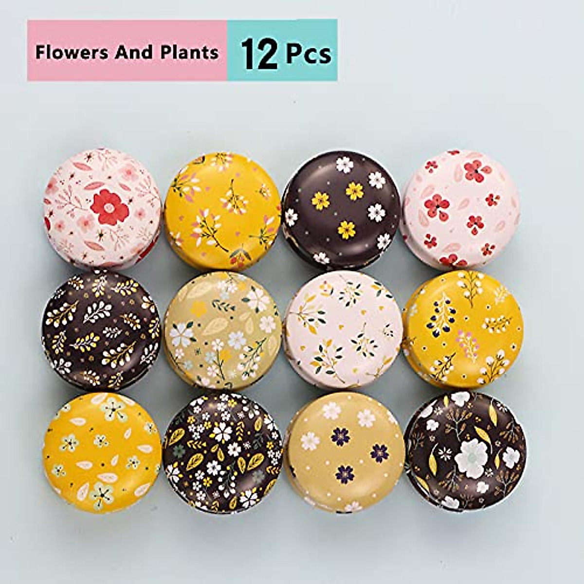 Rarapop 12 Pack Reusable Mini Round Tinplate Candle Tin Jars with Lids, 20ml Small Flower Travel Tin Cans Refillable Empty Container Bottle for Lip Balm, Salve, Eye Shadow, Powder