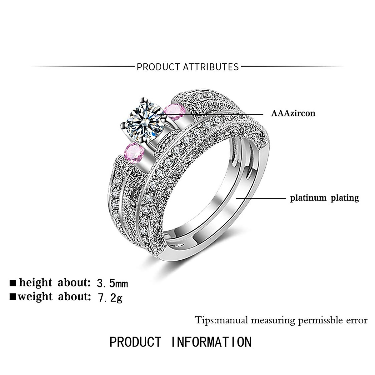 YAZILIND Women Platinum Plated Princess Cut Pink Cubic Zirconia Wedding Engagement Ring Set Size 8