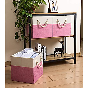 PRANDOM Large Foldable Cube Storage Bins 11x11 inch [4-Pack] Fabric Linen Storage Baskets Cubes Drawer with Cotton Handles Organizer for Shelves Toy Nursery Closet Bedroom Pink