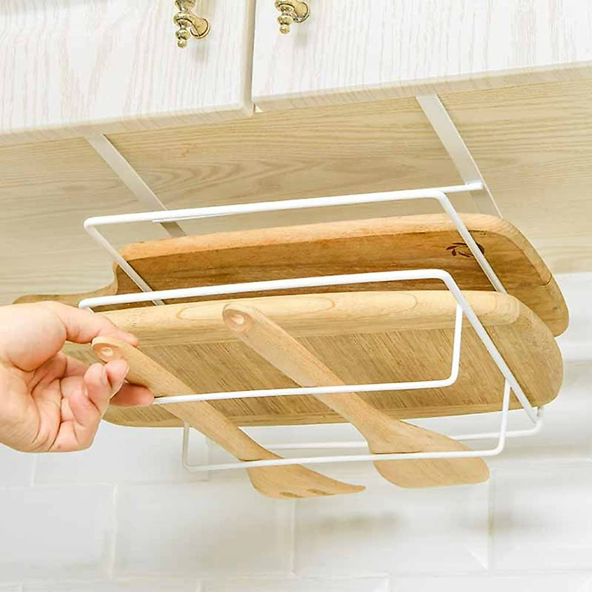 YARNOW 2 Pcs Chopping Board Shelf Under Cabinet Double Layer Pot Lid Rack Holder Punch Free Towel Bar Kitchen Storage Organizer (White)