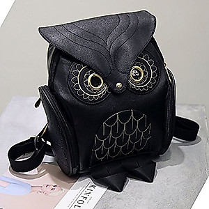 Girl's Owl Cartoon Backpack Pu Leather Mini Bag (Black)