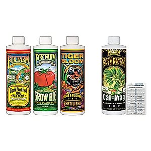 Fox Farm Plant Fertilizer Soil Bundle: Big Bloom, Grow Big, Tiger Bloom, Cal-Mag (Pack of 4-16 oz Bottles) + Twin Canaries Chart