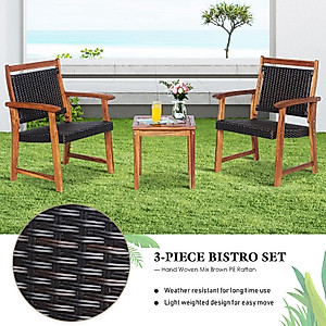 Tangkula 3-Piece Patio Acacia Wood Bistro Set, Patiojoy Outdoor Furniture Set with 2 Chairs & 1 Side Table, Weather Resistant Rattan Garden Conversation Chair Set for Pool Side, Deck, Balcony