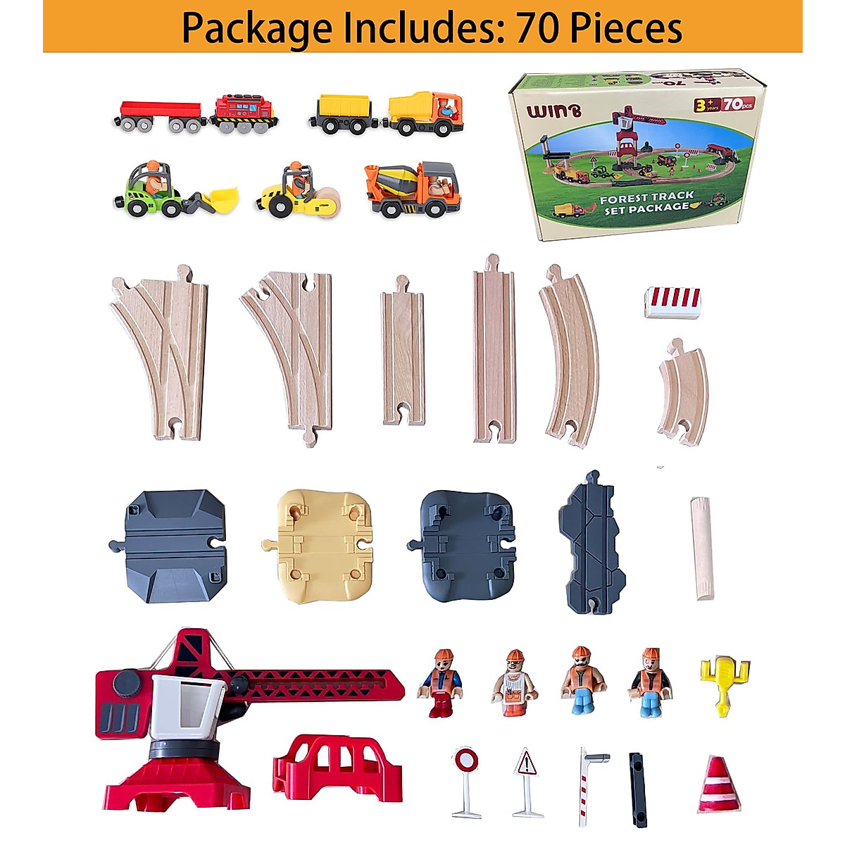 Winb Wooden Train Tracks 70pcs & Construction site Wooden Train Track, Gift Packed Toy Railway Kits for Kids, Toddler Boys and Girls Premium Wood Construction Toys-Fits 70pcs