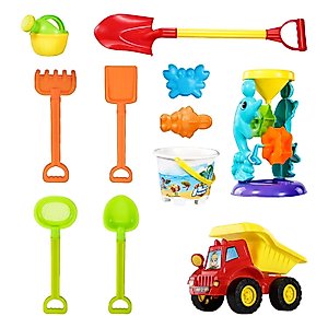 TEMI Beach Sand Toys for 3 4 5 6 7 Year Old Boys w/Water Wheel, Dump Truck, Bucket, Shovels, Rakes, Watering Can, Molds, Outdoor Tool Kit for Kids, Toddlers, Boys and Girls