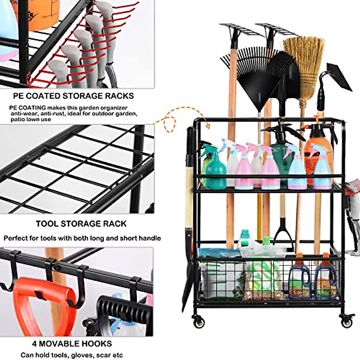 Garden Tool Storage Organizer with Wheels, Yard Tool Stand Holder Racks, Garage Tool Rack, Garden Tool Rolling Cart, Garage Organizers and Storage Hold Garden Tools for Garage Lawn and Outdoor