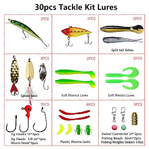 UperUper Fishing Lures Kit Set, Baits Tackle Including Crankbaits, Topwater Lures, Spinnerbaits, Worms, Jigs, Hooks, Tackle Box and More Fishing Gear Lures for Bass Trout