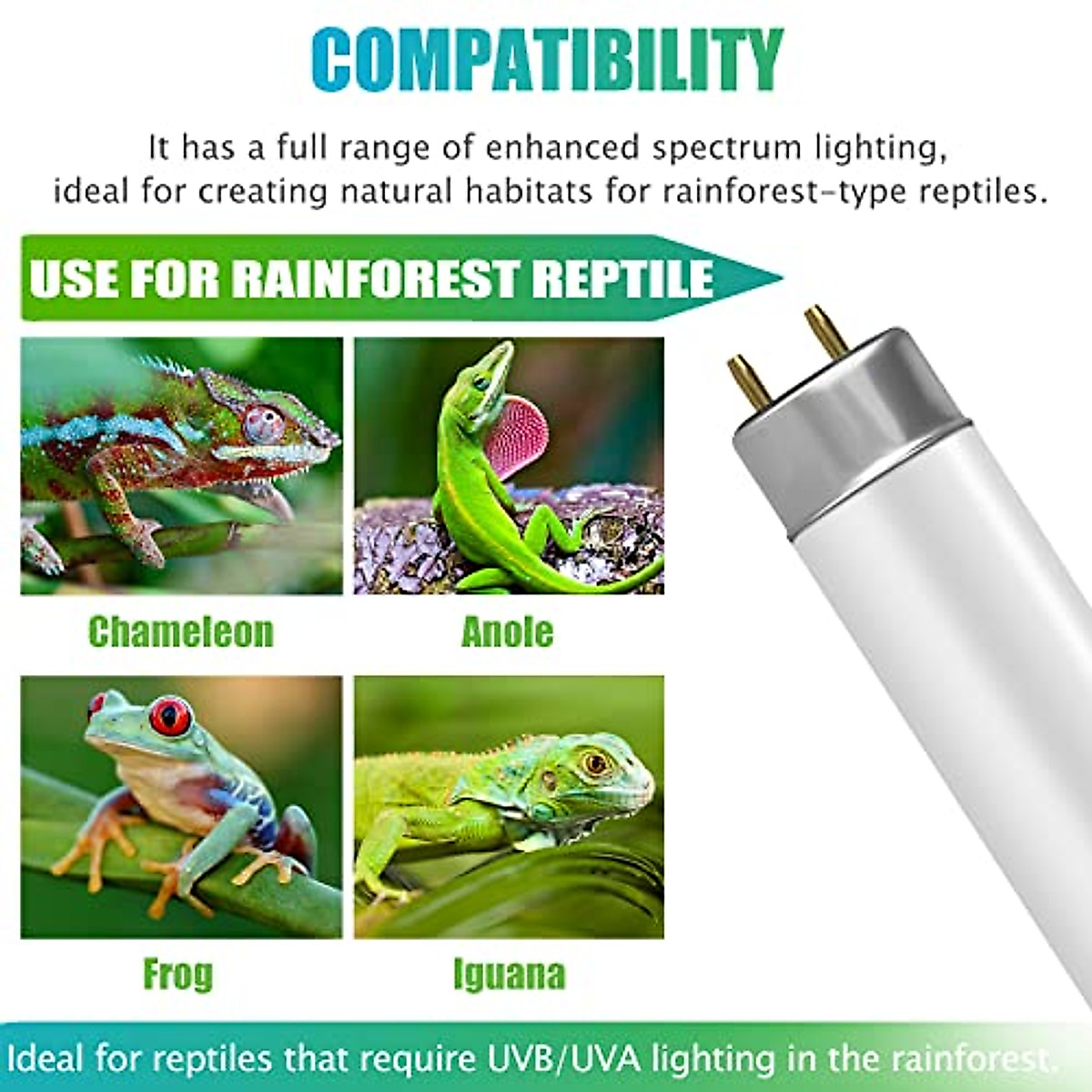 NEPTONION T8 Rainforest Terrarium Fluorescent Lamp Tube 18" Full Spectrum UVB Bulb, Dual-Threat UVA/UVB 5.0 Reptile Light for Reptiles and Amphibian, 15 Watt, 110V